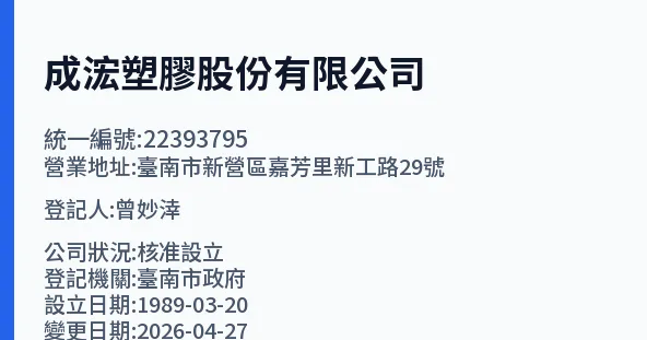 成浤塑膠股份有限公司的照片-統編 22393795(臺南市) 公司登記資料與營業項目詳細圖表