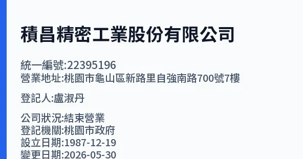 積昌精密工業股份有限公司的照片-統編 22395196(桃園市) 公司登記資料與營業項目詳細圖表