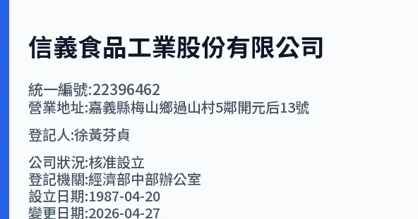 信義食品工業股份有限公司的照片-統編 22396462(嘉義縣) 公司登記資料與營業項目詳細圖表