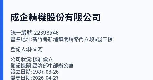 成企精機股份有限公司的照片-統編 22398546(新竹縣) 公司登記資料與營業項目詳細圖表