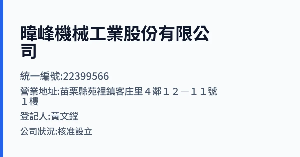 暐峰機械工業股份有限公司 - 統編 22399566(苗栗縣) 公司登記資料與營業項目詳細圖表