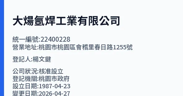 大煬氬焊工業有限公司的照片-統編 22400228(桃園市) 公司登記資料與營業項目詳細圖表