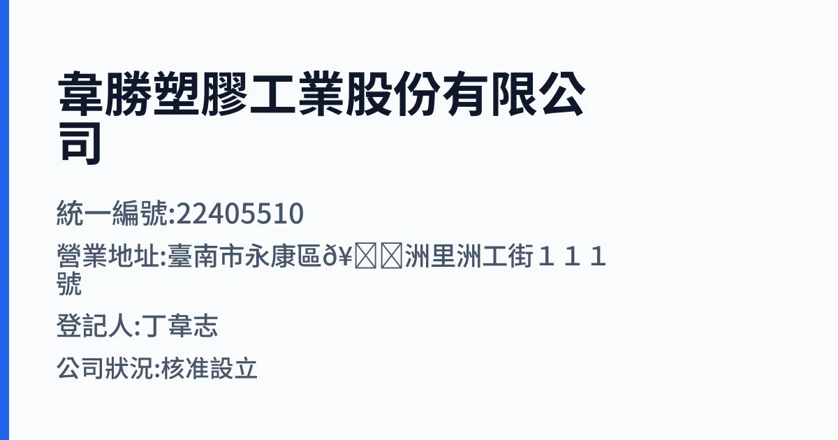 韋勝塑膠工業股份有限公司 - 統編 22405510(臺南市) 公司登記資料與營業項目詳細圖表
