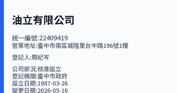 油立有限公司的照片-統編 22409419(臺中市) 公司登記資料與營業項目詳細圖表