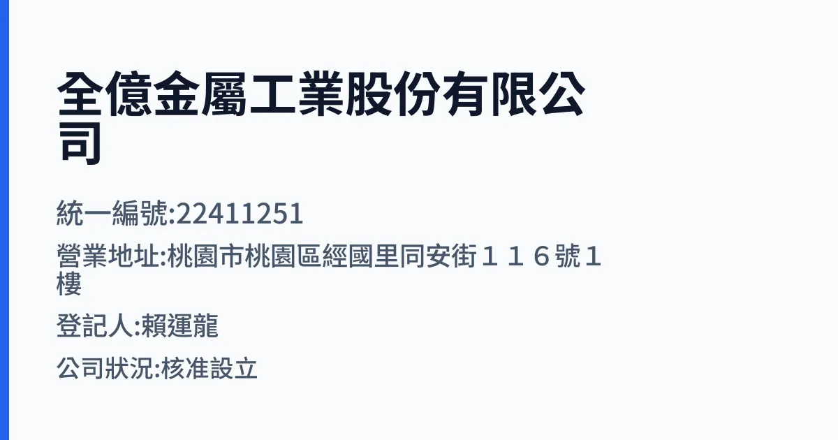 全億金屬工業股份有限公司 - 統編 22411251(桃園市) 公司登記資料與營業項目詳細圖表