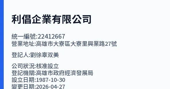 利倡企業有限公司的照片-統編 22412667(高雄市) 公司登記資料與營業項目詳細圖表