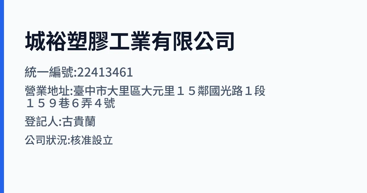 城裕塑膠工業有限公司 - 統編 22413461(臺中市) 公司登記資料與營業項目詳細圖表