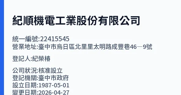 紀順機電工業股份有限公司的照片-統編 22415545(臺中市) 公司登記資料與營業項目詳細圖表