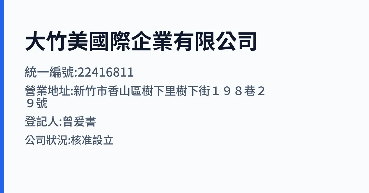 大竹美國際企業有限公司 - 統編 22416811(新竹市) 公司登記資料與營業項目詳細圖表