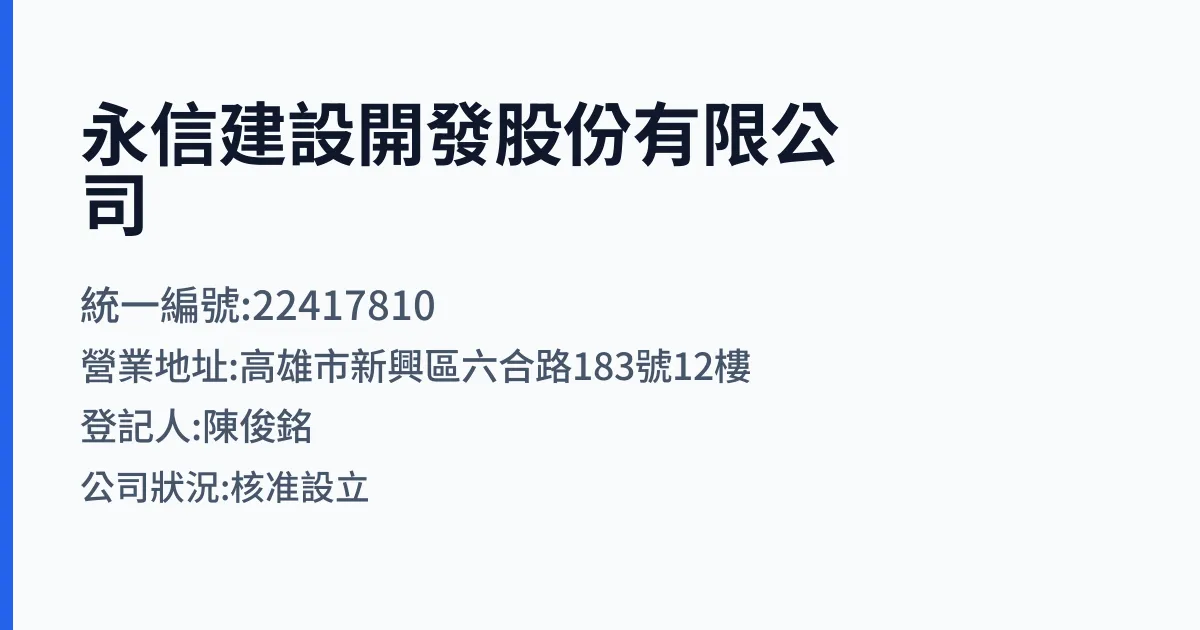 永信建設開發股份有限公司 - 統編 22417810(高雄市) 公司登記資料與營業項目詳細圖表