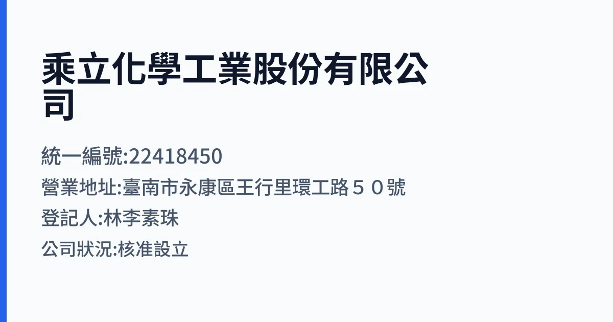 乘立化學工業股份有限公司 - 統編 22418450(臺南市) 公司登記資料與營業項目詳細圖表