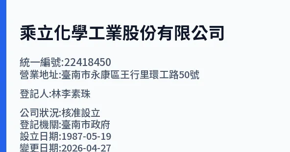 乘立化學工業股份有限公司的照片-統編 22418450(臺南市) 公司登記資料與營業項目詳細圖表