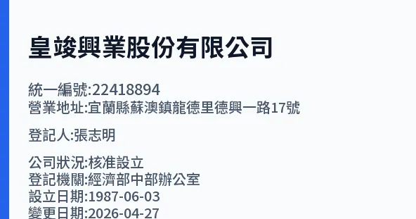 皇竣興業股份有限公司的照片-統編 22418894(宜蘭縣) 公司登記資料與營業項目詳細圖表
