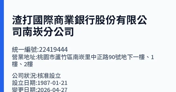 渣打國際商業銀行股份有限公司南崁分公司的照片-統編 22419444(桃園市) 公司登記資料與營業項目詳細圖表