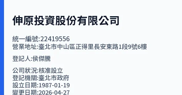 伸原投資股份有限公司的照片-統編 22419556(臺北市) 公司登記資料與營業項目詳細圖表