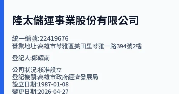 隆太儲運事業股份有限公司的照片-統編 22419676(高雄市) 公司登記資料與營業項目詳細圖表