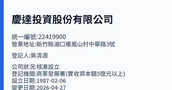 慶達投資股份有限公司的照片-統編 22419900(新竹縣) 公司登記資料與營業項目詳細圖表