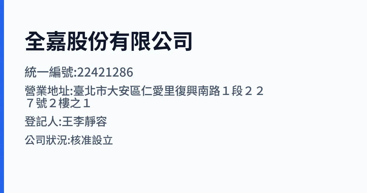 全嘉股份有限公司 - 統編 22421286(臺北市) 公司登記資料與營業項目詳細圖表