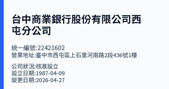 台中商業銀行股份有限公司西屯分公司的照片-統編 22421602(臺中市) 公司登記資料與營業項目詳細圖表