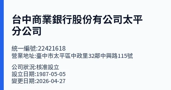 台中商業銀行股份有公司太平分公司的照片-統編 22421618(臺中市) 公司登記資料與營業項目詳細圖表