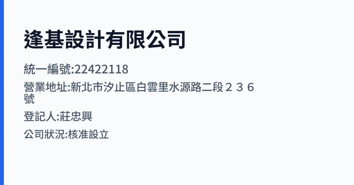 逢基設計有限公司 - 統編 22422118(新北市) 公司登記資料與營業項目詳細圖表