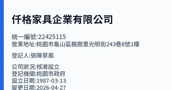 仟格家具企業有限公司的照片-統編 22425115(桃園市) 公司登記資料與營業項目詳細圖表