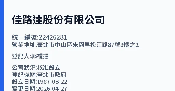 佳路達股份有限公司的照片-統編 22426281(臺北市) 公司登記資料與營業項目詳細圖表