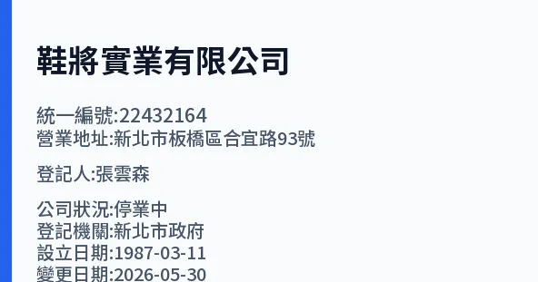鞋將實業有限公司的照片-統編 22432164(新北市) 公司登記資料與營業項目詳細圖表