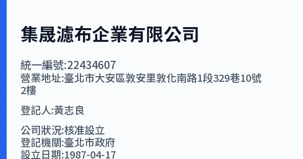 集晟濾布企業有限公司的照片-統編 22434607(臺北市) 公司登記資料與營業項目詳細圖表