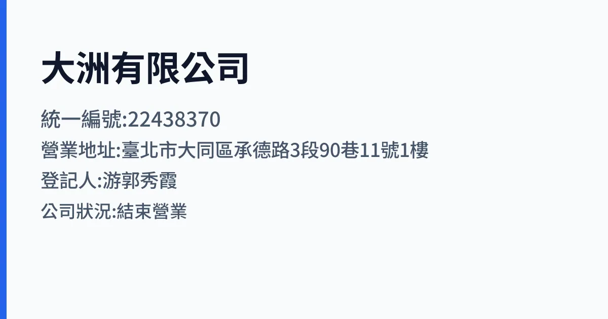 大洲有限公司 - 統編 22438370(臺北市) 公司登記資料與營業項目詳細圖表