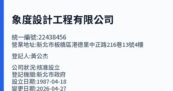 象度設計工程有限公司的照片-統編 22438456(新北市) 公司登記資料與營業項目詳細圖表