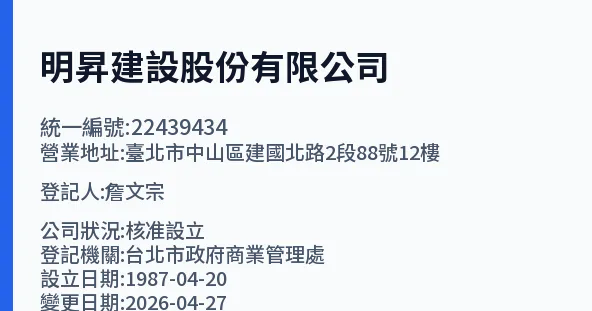 明昇建設股份有限公司的照片-統編 22439434(臺北市) 公司登記資料與營業項目詳細圖表