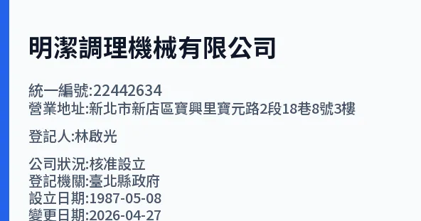 明潔調理機械有限公司的照片-統編 22442634(新北市) 公司登記資料與營業項目詳細圖表