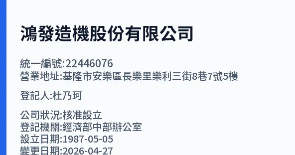 鴻發造機股份有限公司的照片-統編 22446076(基隆市) 公司登記資料與營業項目詳細圖表