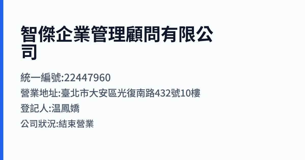 智傑企業管理顧問有限公司 - 統編 22447960(臺北市) 公司登記資料與營業項目詳細圖表