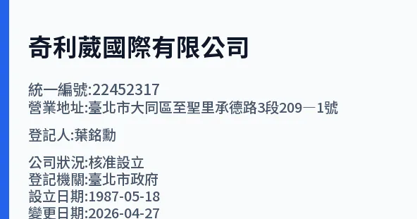 奇利葳國際有限公司的照片-統編 22452317(臺北市) 公司登記資料與營業項目詳細圖表