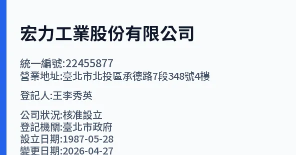 宏力工業股份有限公司的照片-統編 22455877(臺北市) 公司登記資料與營業項目詳細圖表