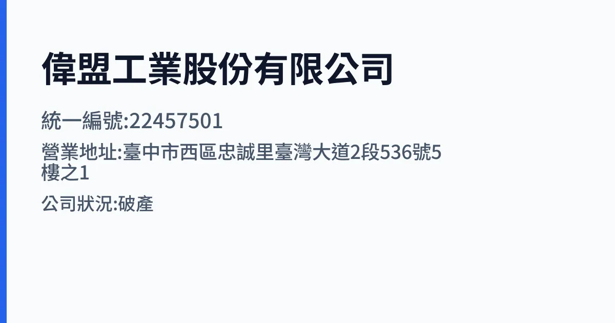 偉盟工業股份有限公司 - 統編 22457501(臺中市) 公司登記資料與營業項目詳細圖表