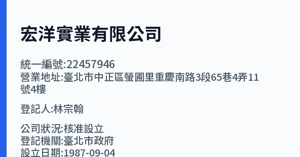 宏洋實業有限公司的照片-統編 22457946(臺北市) 公司登記資料與營業項目詳細圖表