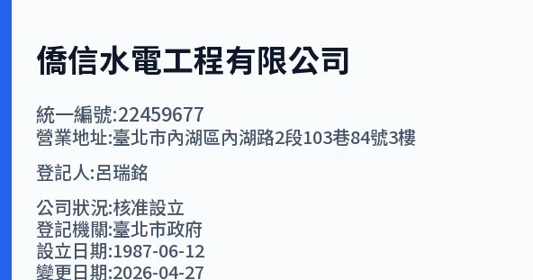 僑信水電工程有限公司的照片-統編 22459677(臺北市) 公司登記資料與營業項目詳細圖表