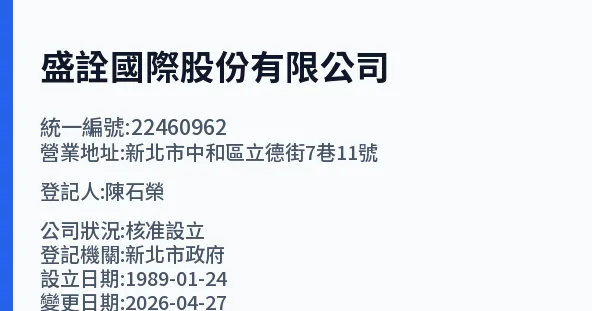 盛詮國際股份有限公司的照片-統編 22460962(新北市) 公司登記資料與營業項目詳細圖表