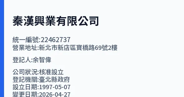 秦漢興業有限公司的照片-統編 22462737(新北市) 公司登記資料與營業項目詳細圖表
