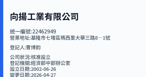 向揚工業有限公司的照片-統編 22462949(基隆市) 公司登記資料與營業項目詳細圖表