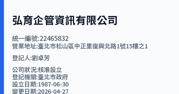 弘育企管資訊有限公司的照片-統編 22465832(臺北市) 公司登記資料與營業項目詳細圖表