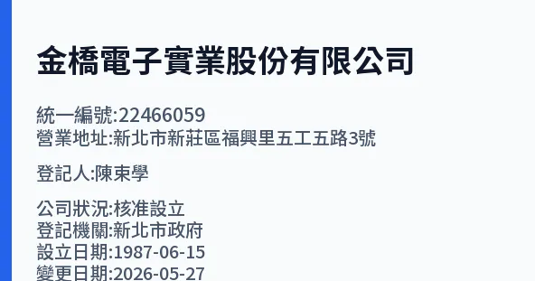 金橋電子實業股份有限公司的照片-統編 22466059(新北市) 公司登記資料與營業項目詳細圖表