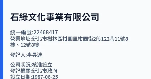 石綠文化事業有限公司的照片-統編 22468417(新北市) 公司登記資料與營業項目詳細圖表