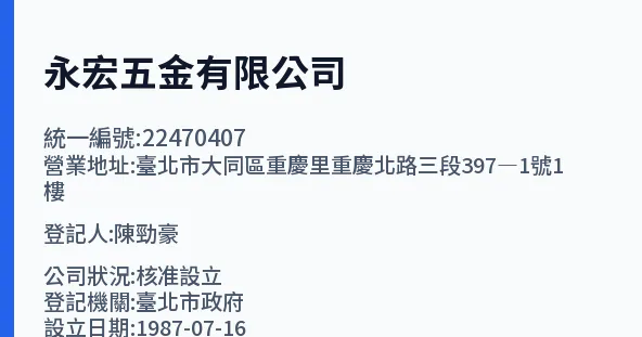 永宏五金有限公司的照片-統編 22470407(臺北市) 公司登記資料與營業項目詳細圖表