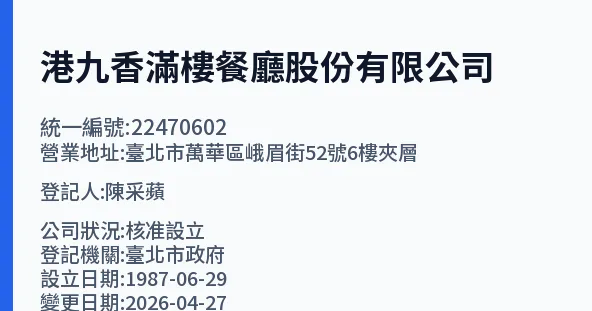 港九香滿樓餐廳股份有限公司的照片-統編 22470602(臺北市) 公司登記資料與營業項目詳細圖表