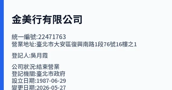 金美行有限公司的照片-統編 22471763(臺北市) 公司登記資料與營業項目詳細圖表