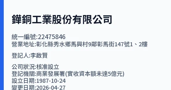 鏵銅工業股份有限公司的照片-統編 22475846(彰化縣) 公司登記資料與營業項目詳細圖表
